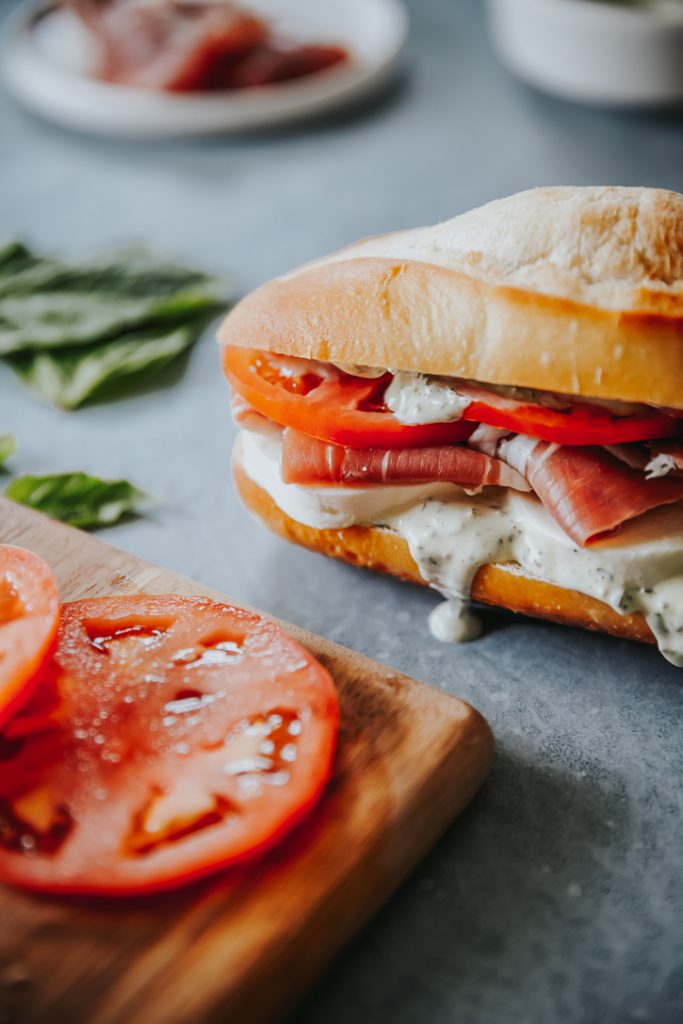 Mozz Prosciutto Sandwich w Garlic Basil Aioli | A-Yo Kitchen